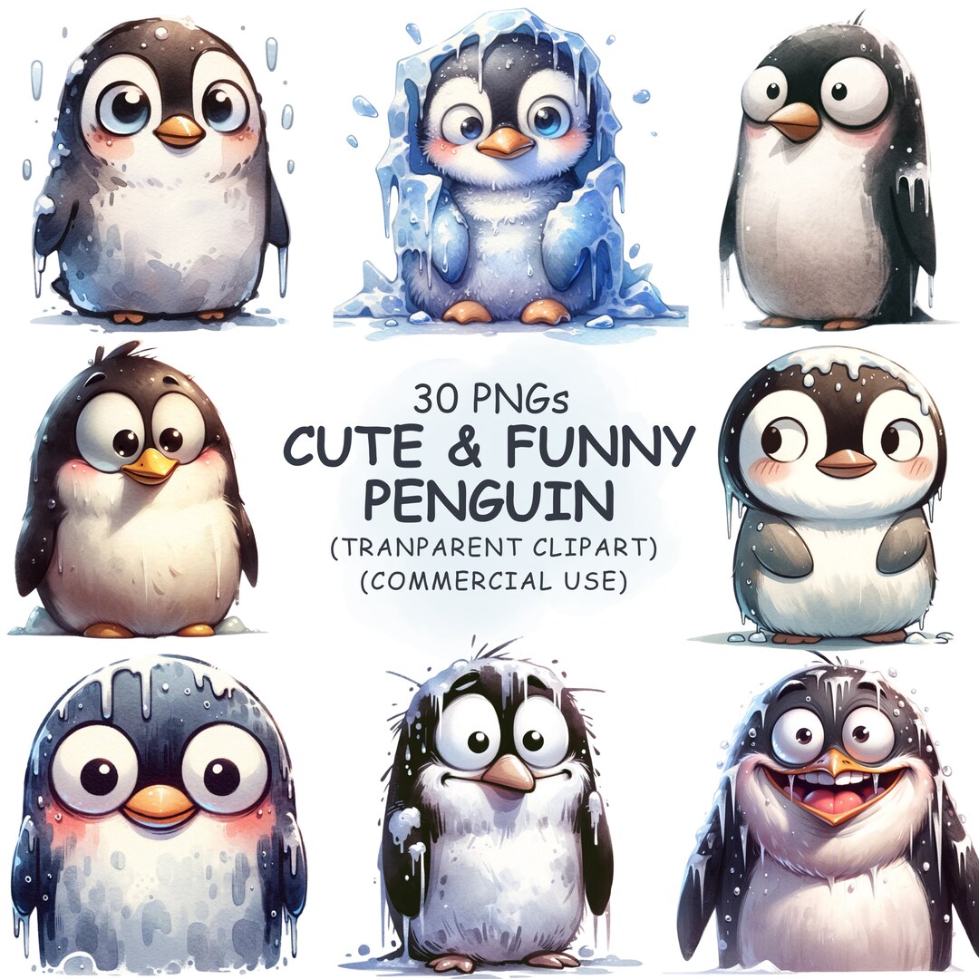 Funny and Cute Cold Winter Penguin Clipart PNG Bundle- 30 Watercolor ...