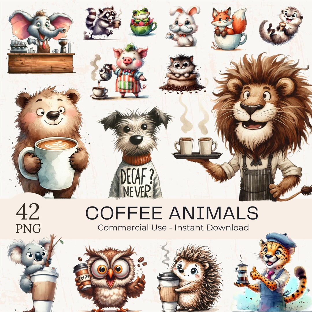 Coffee Animals Clipart Bundle: 42 Watercolor Funny & Quirky Cartoon ...