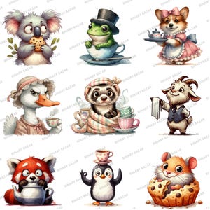 Cute & Funny Tea Party Animals Clipart PNG Bundle – Quirky Watercolor ...