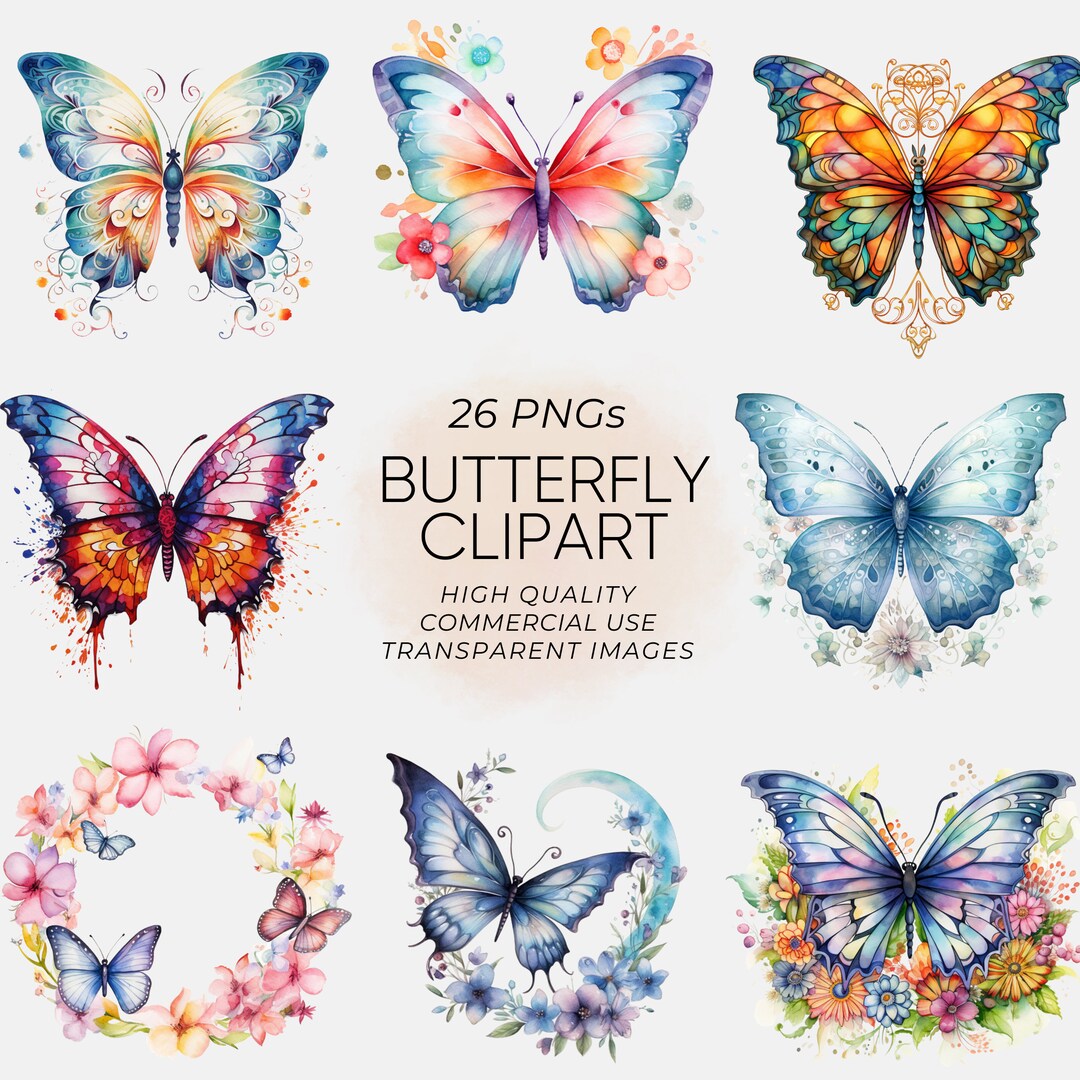 Watercolor Colorful Butterfly PNG Clipart Bundle - Pastel Rainbow ...