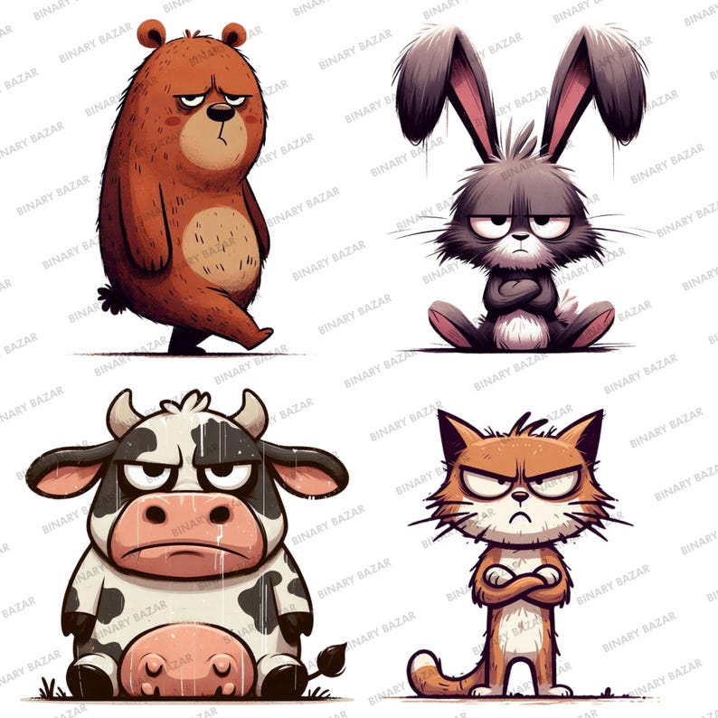 50 Grumpy Animals Clipart Bundle: Watercolor Kawaii Safari & Woodland ...