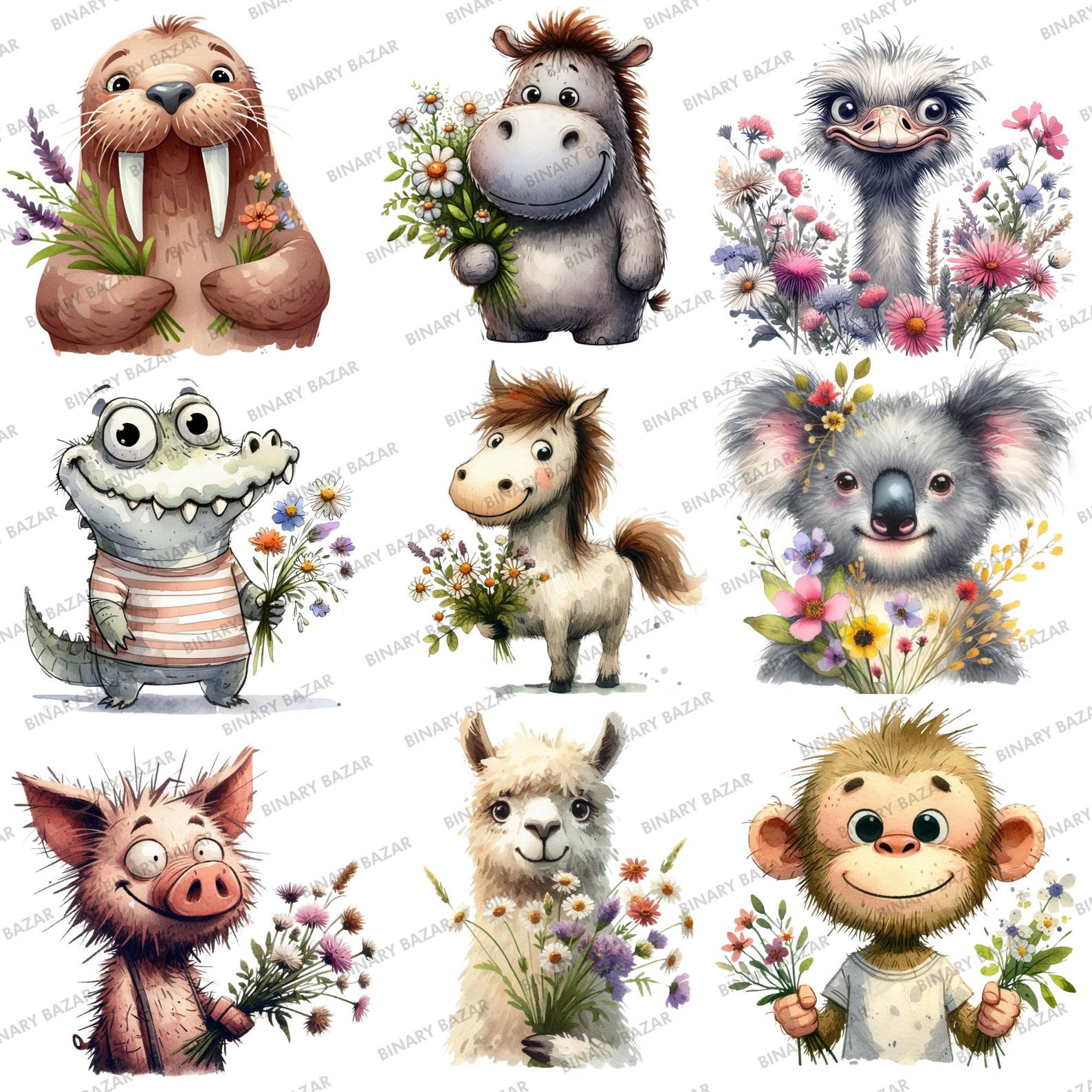 Watercolor Spring Animals Clipart: 50 PNG Garden & Safari Art (digital ...