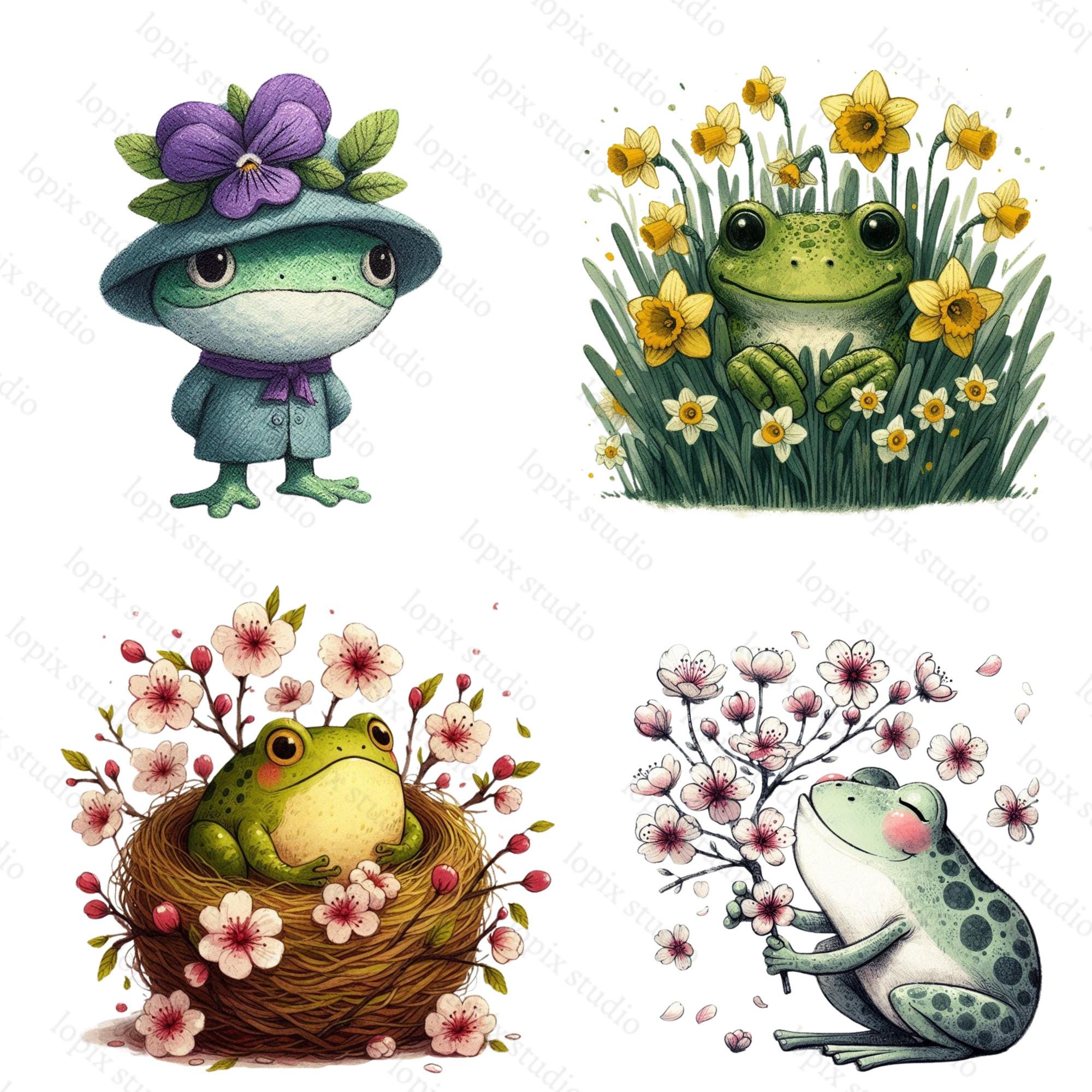 Spring Frog Clipart PNG Bundle: Watercolor Floral Garden Animals ...