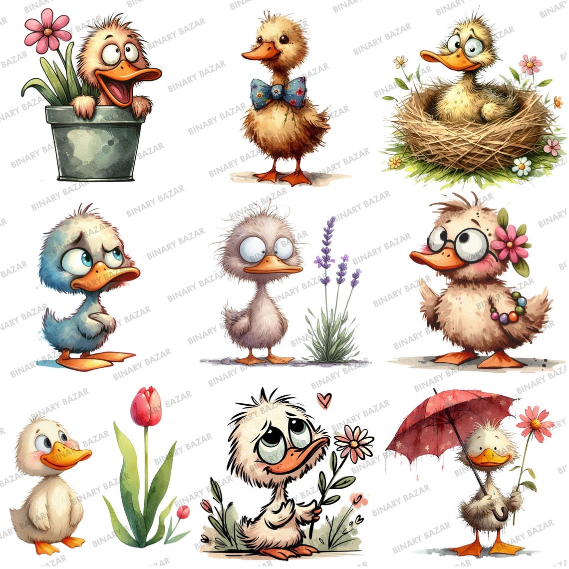 Spring Duck Clipart PNG Bundle: Watercolor Funny Floral Bird Designs ...