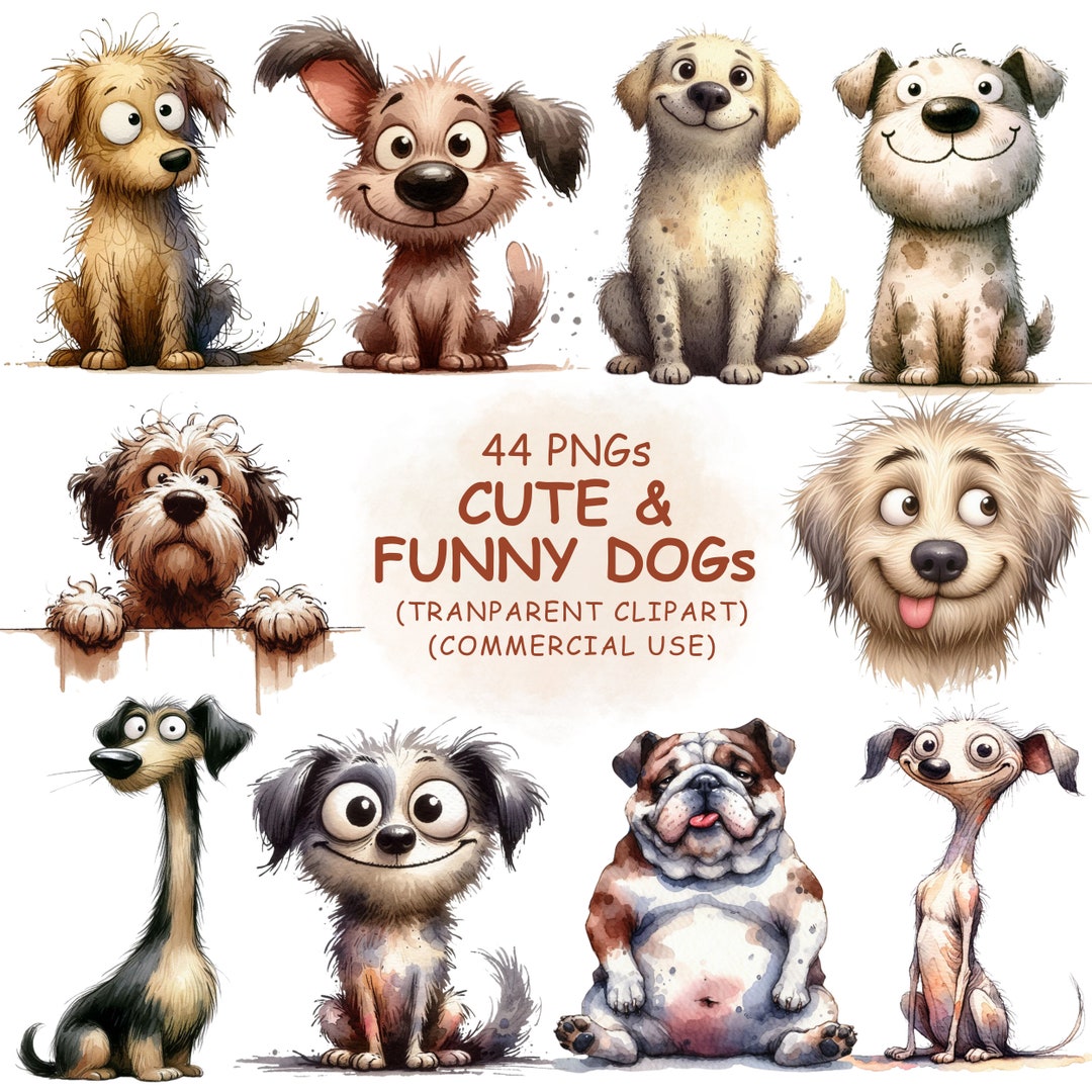 Funny and Cute Dog Clipart PNG Bundle 44 Watercolor Quirky Dogs Puppy ...