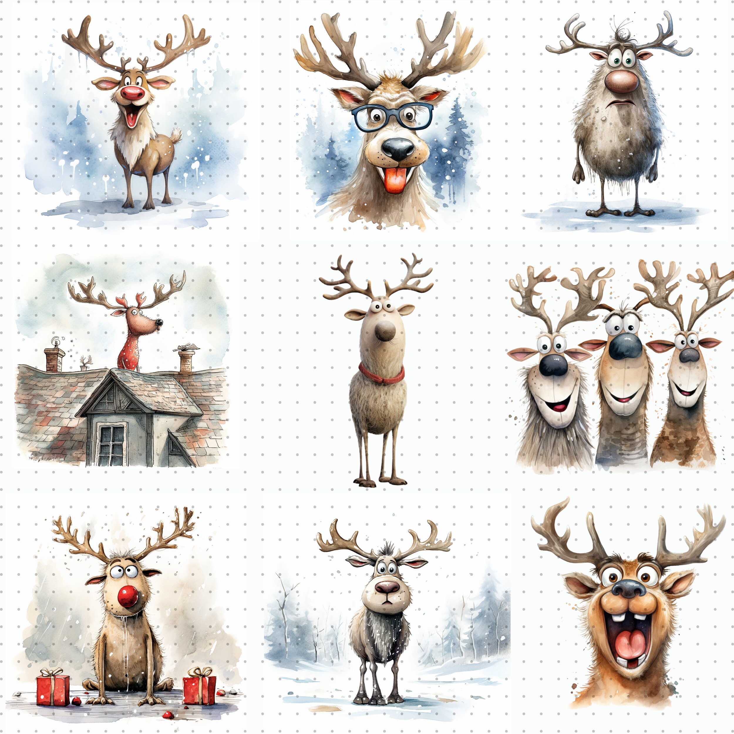 24 Funny and Cute Christmas Reindeer PNG Clipart Bundle Watercolor ...