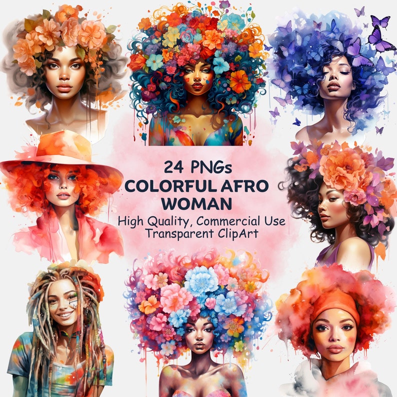 Floral Afro Woman Clipart: Watercolor PNG Bundle (24 Images) - Etsy