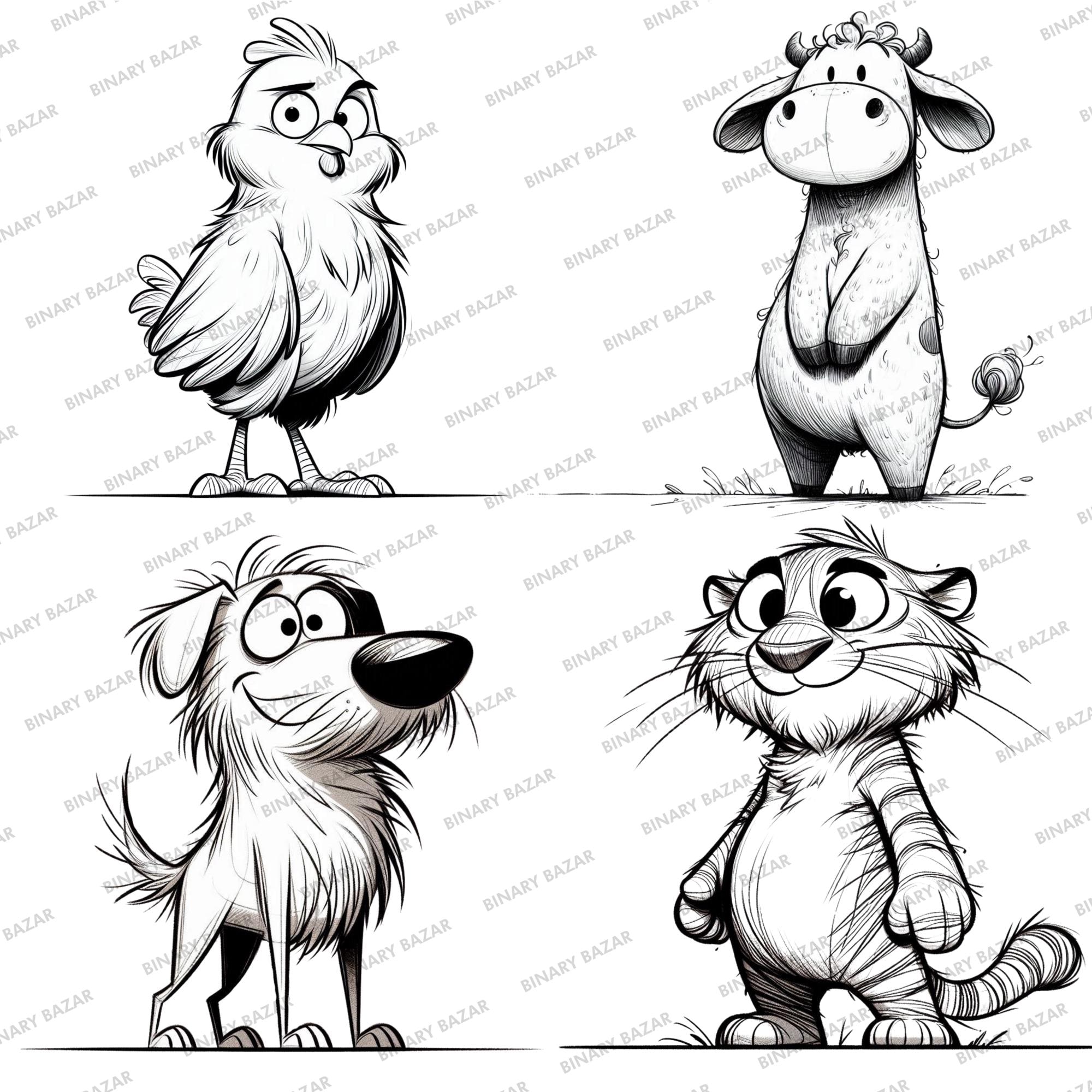 52 Animal Line Art Clipart PNG Bundle: Black & White Outline Drawing ...