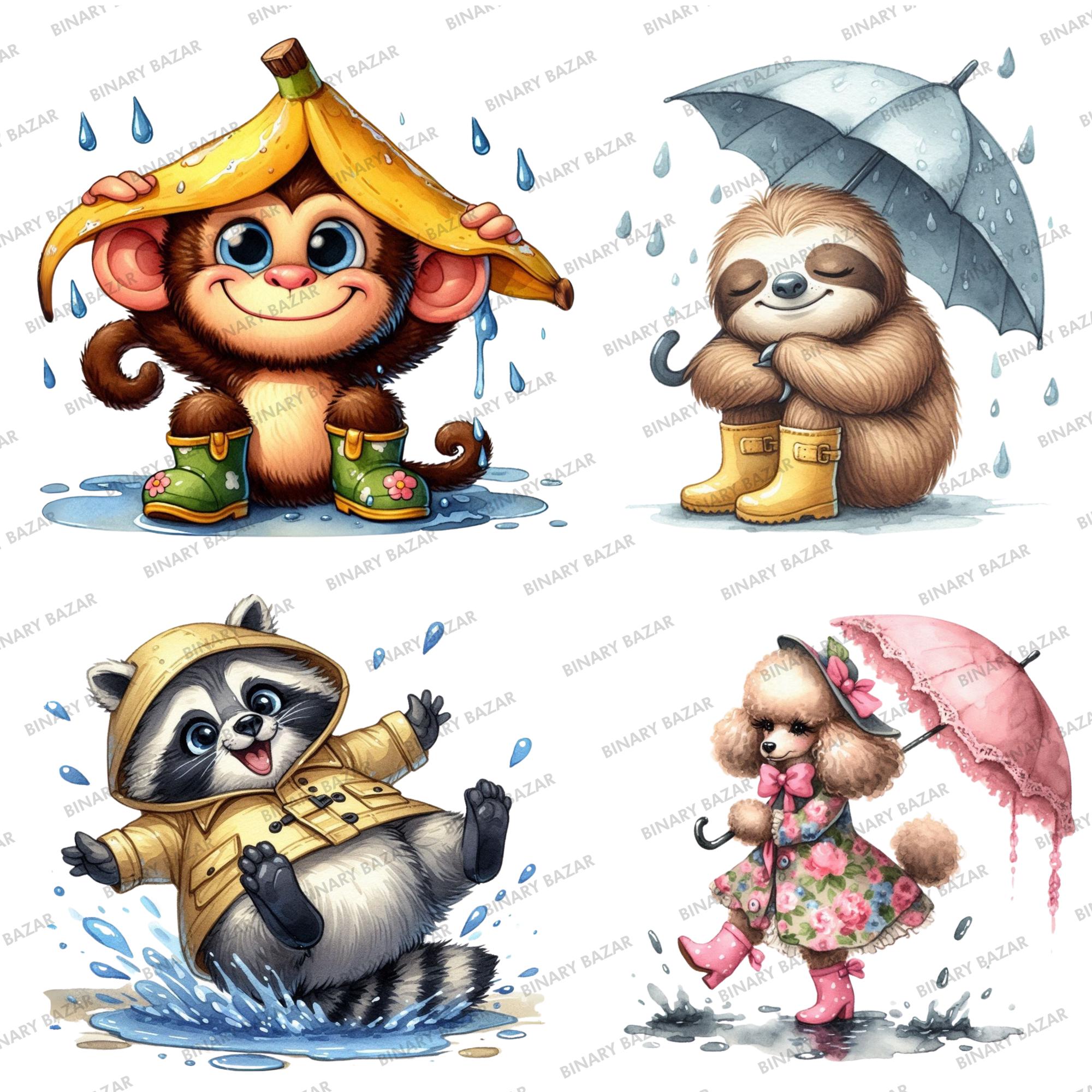 Watercolor Rainy Day Animals PNG Clipart: Funny Illustrations (digital ...
