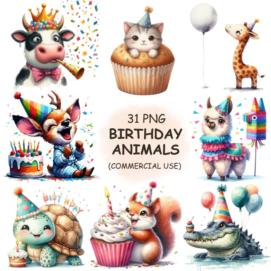 31 Cute Birthday Animals Clipart PNG Bundle - Watercolor Safari ...