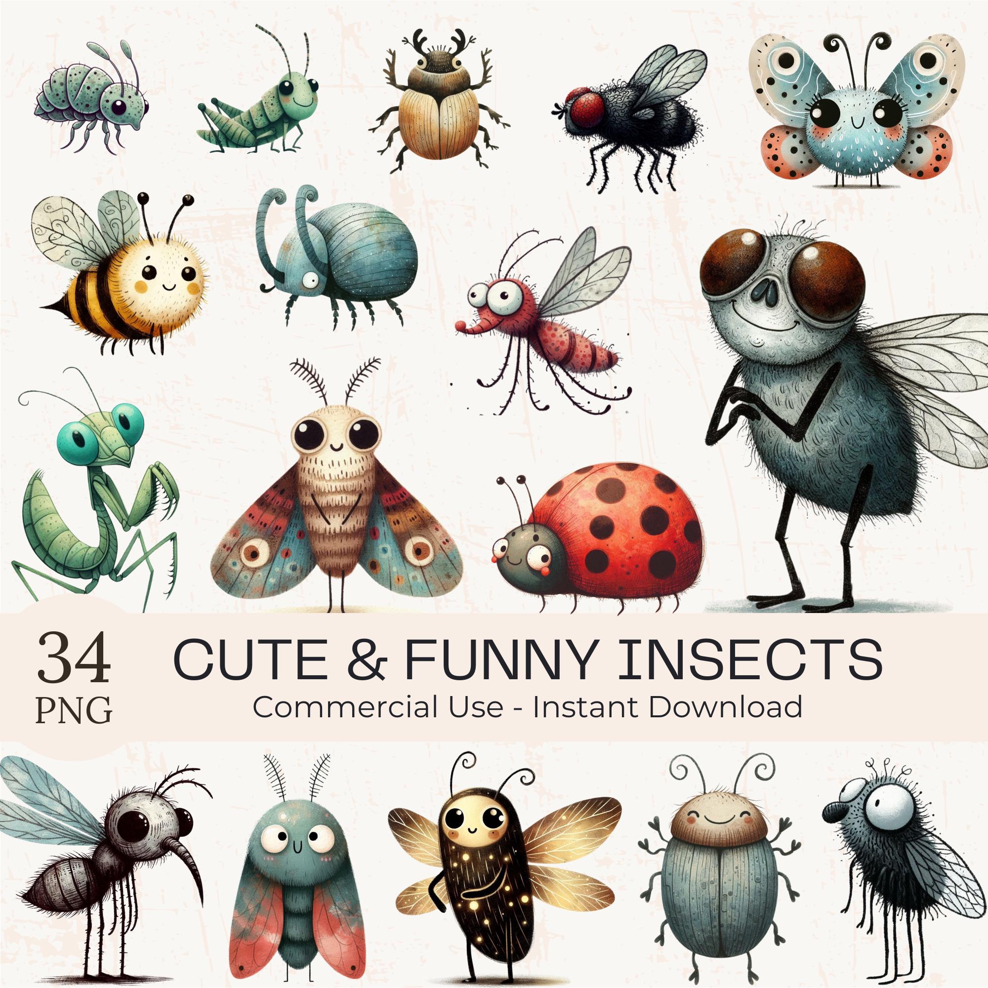 34 Funny Cartoon Insect Clipart Bundle: Watercolor Fly, Mosquito, Bee ...