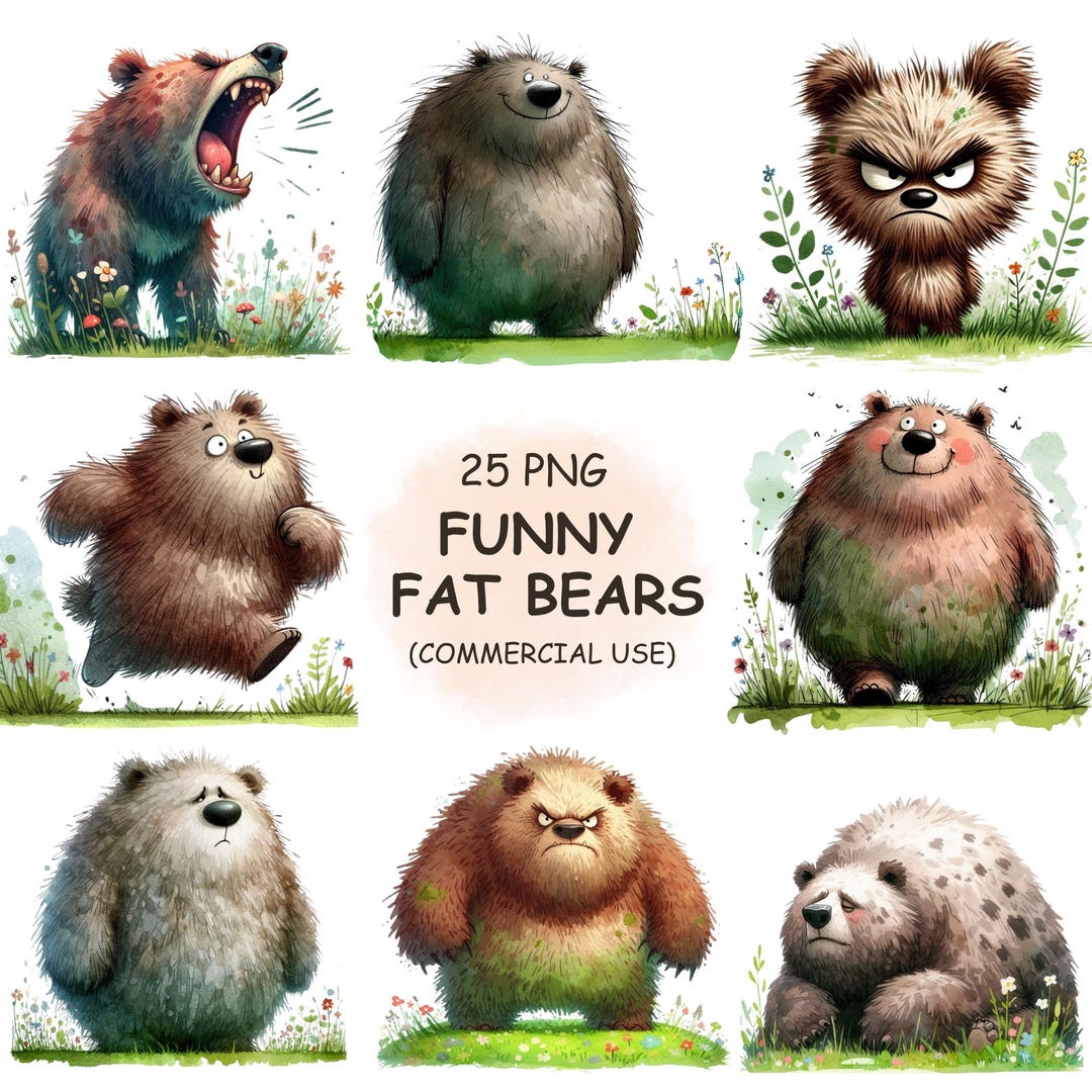 Funny Quirky Fat Grizzly Bear Clipart PNG Bundle - Watercolor Cute Wild ...