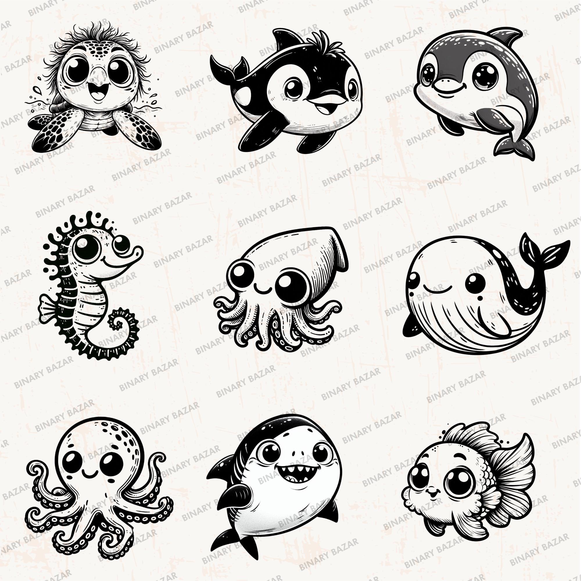 Line Art Sea Animals Clipart Bundle: Black & White Cartoon Ocean Life ...