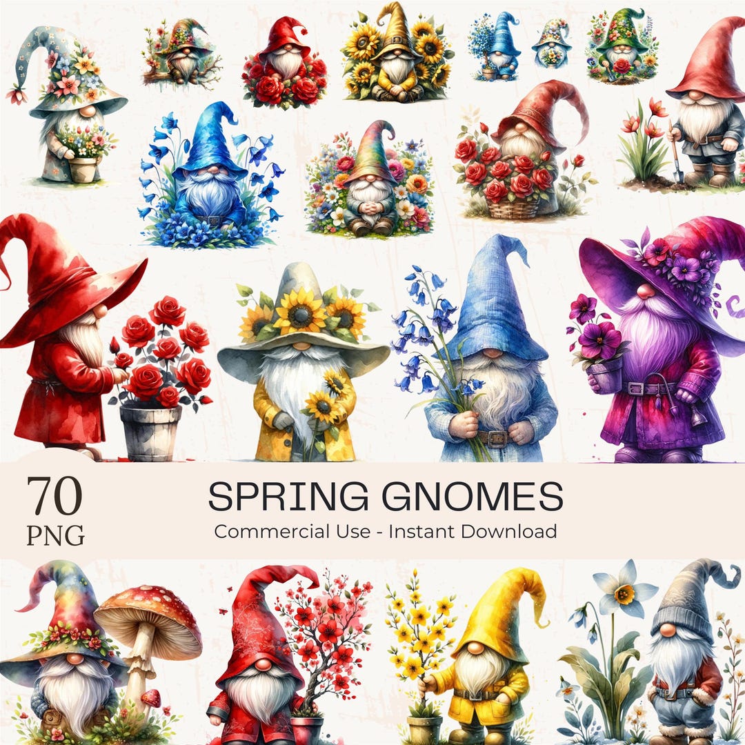 70 Whimsical Spring Gnomes Clipart: Watercolor Floral Garden Gnomes Art ...