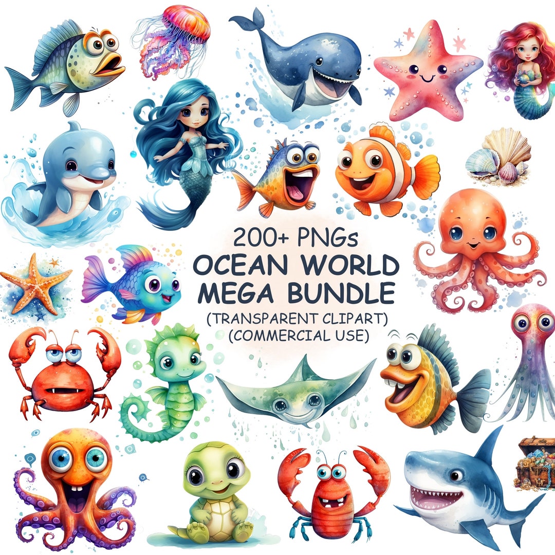 200+ Cute & Funny Sea Life World and Ocean Animals Clipart PNG Bundle ...
