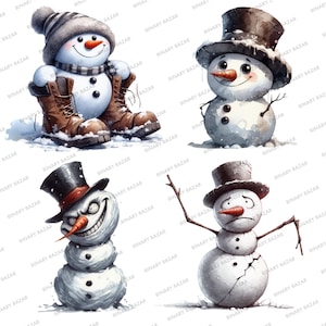 26 Cute Funny Snowman Clipart PNG Bundle Watercolor Quirky Winter Snow ...