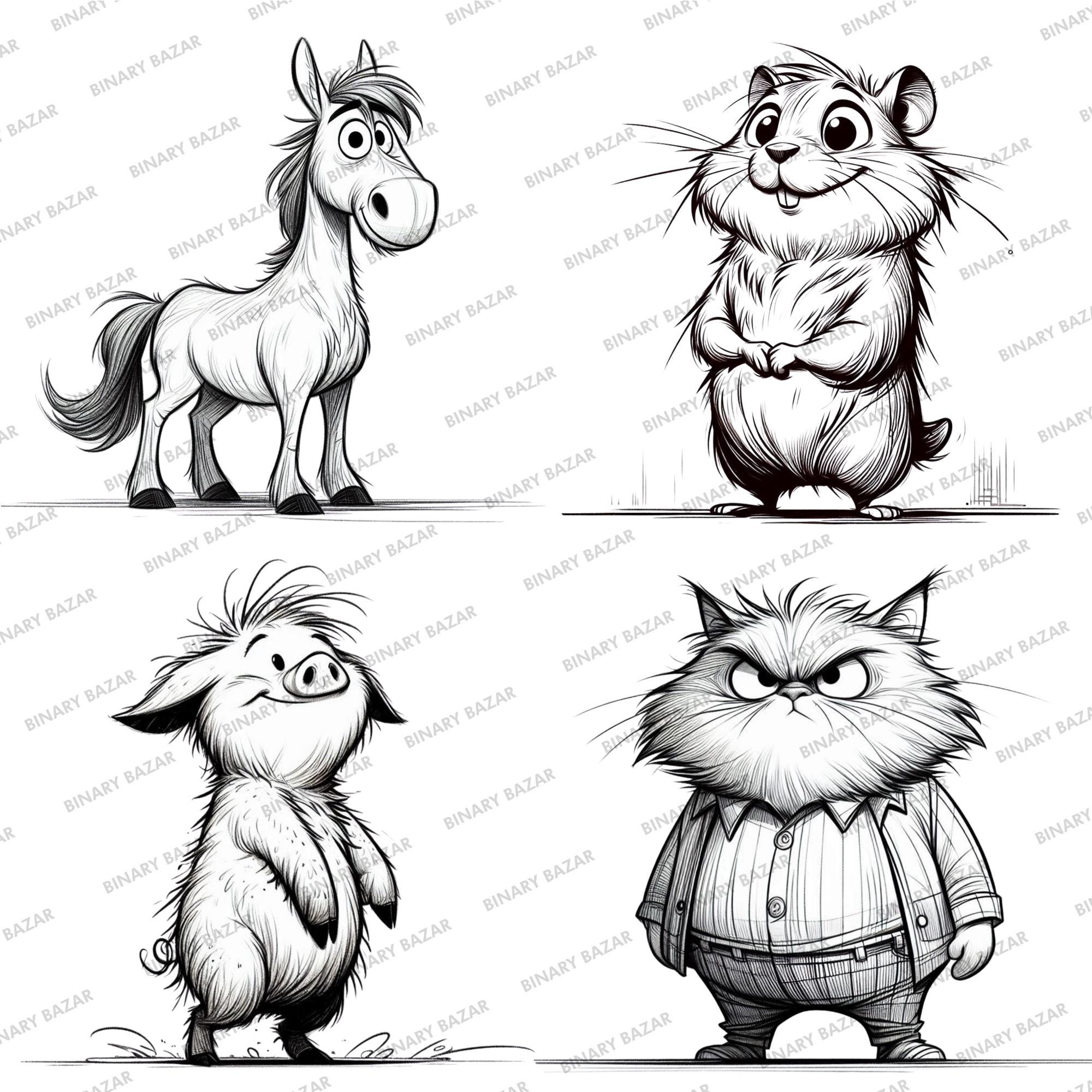 52 Animal Line Art Clipart PNG Bundle: Black & White Outline Drawing ...