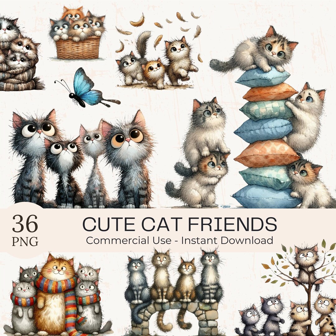 Watercolor Cat Clipart: 36 Whimsical Kitten PNG Images (commercial Use ...