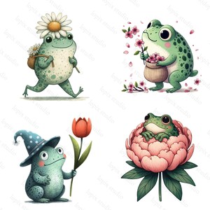 Spring Frog Clipart PNG Bundle: Watercolor Floral Garden Animals ...
