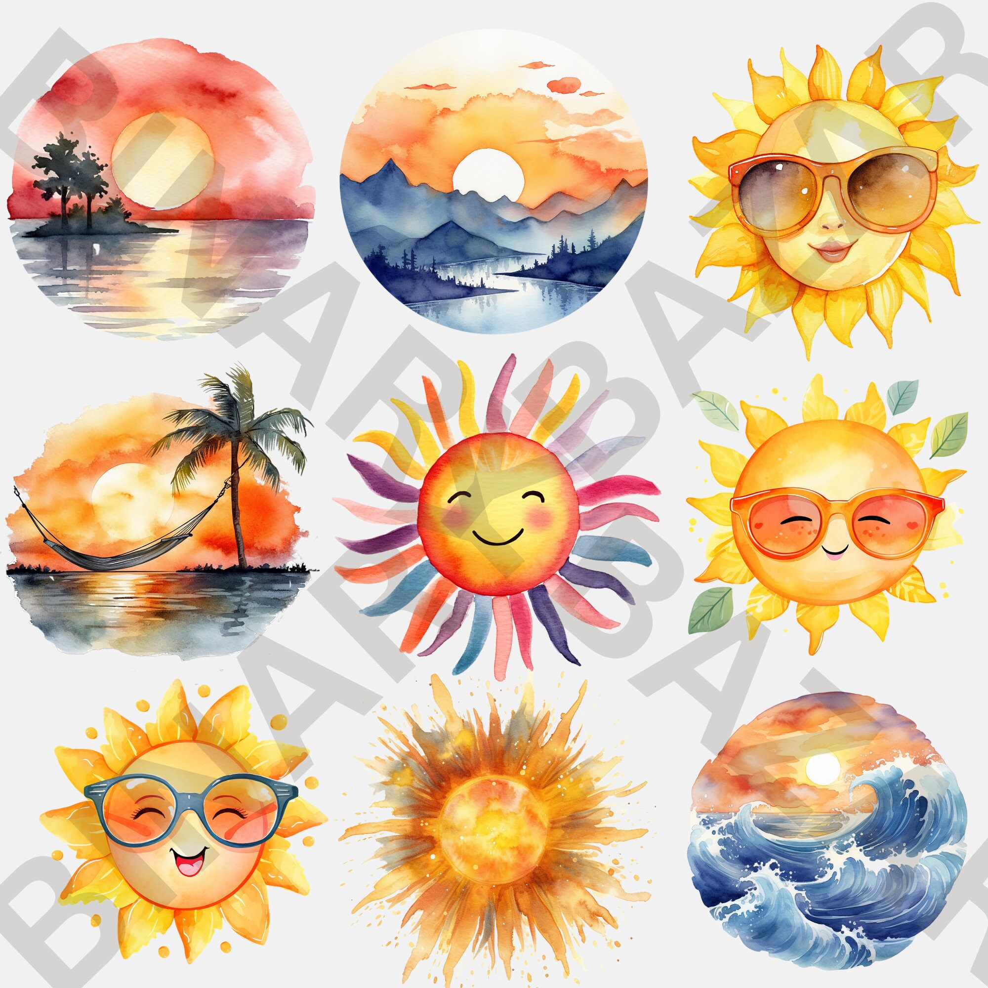 24 Radiant Sun Watercolor Clipart Bundle Pack Sunshine, Summer Art ...