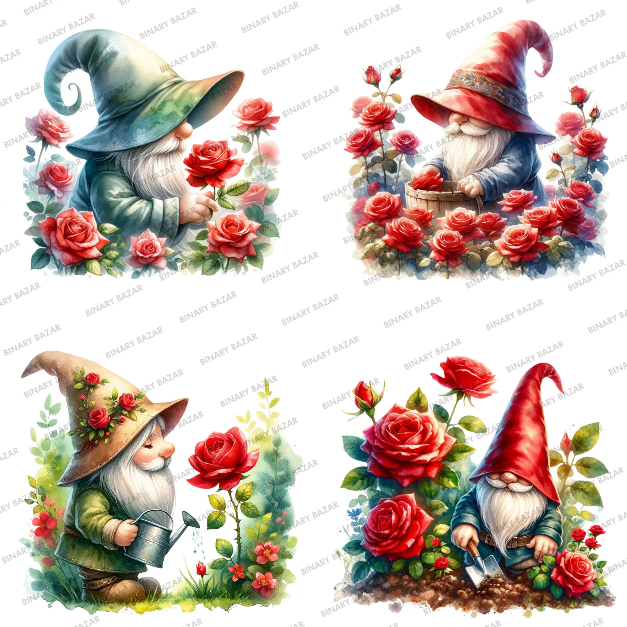 Red Rose Flower Garden Gnome Clipart PNG Bundle Watercolor Spring Gnome ...