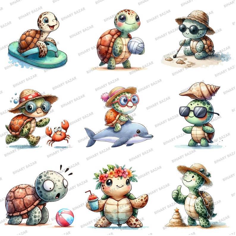 Watercolor Sea Turtle Clipart Bundle: 37 Summer Beach Pngs (digital ...