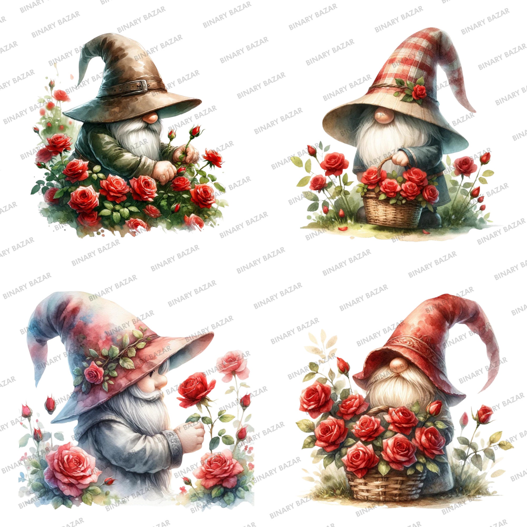 Red Rose Flower Garden Gnome Clipart PNG Bundle Watercolor Spring Gnome ...