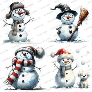 26 Cute Funny Snowman Clipart PNG Bundle Watercolor Quirky Winter Snow ...