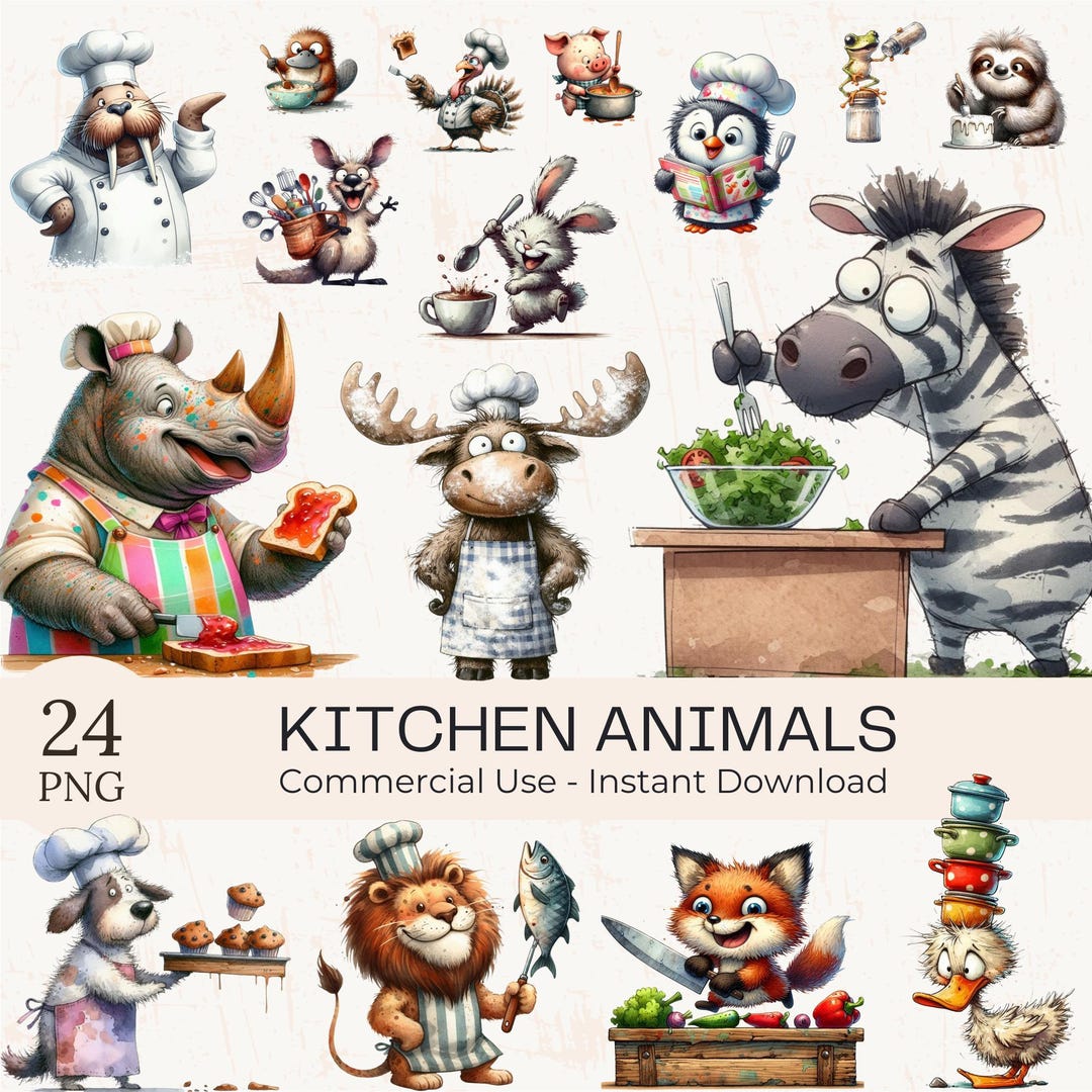 Funny Kitchen Animals Clipart: Watercolor Quirky Cartoon Animal PNG ...