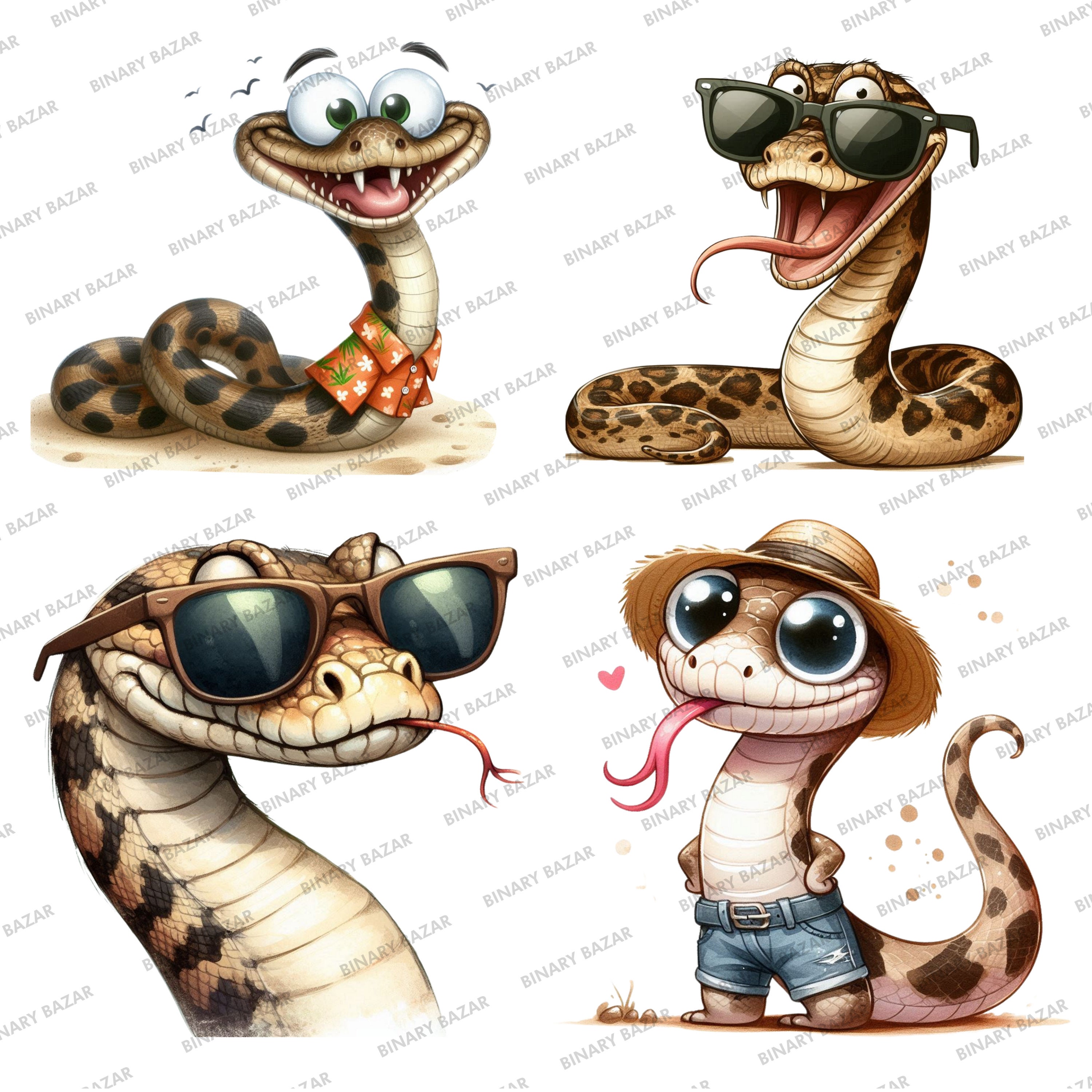 Cute & Funny Anaconda Snake Clipart PNG Bundle 20 Watercolor Anaconda ...