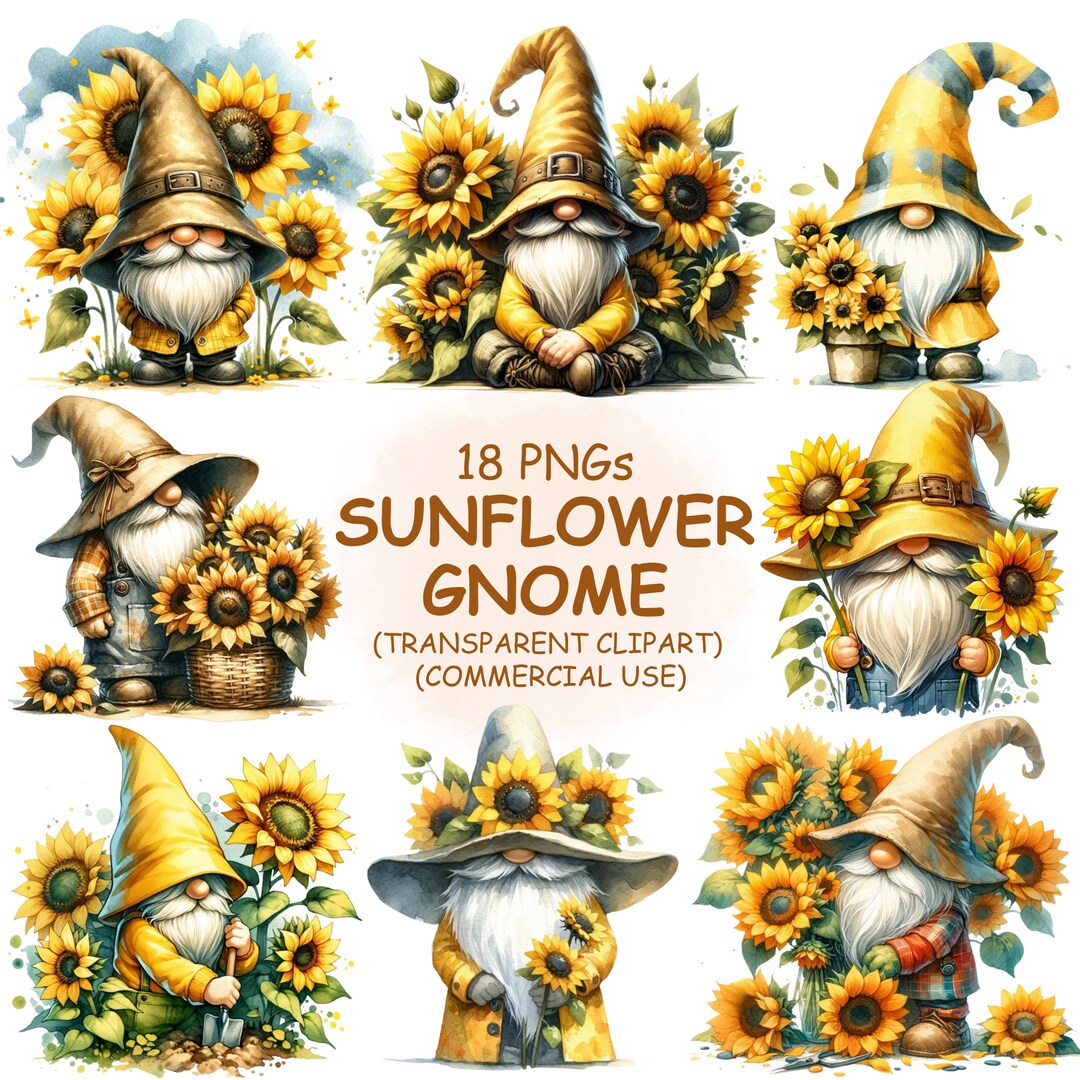 Sunflower Garden Gnome Clipart PNG Bundle 18 Watercolor Spring Gnome ...