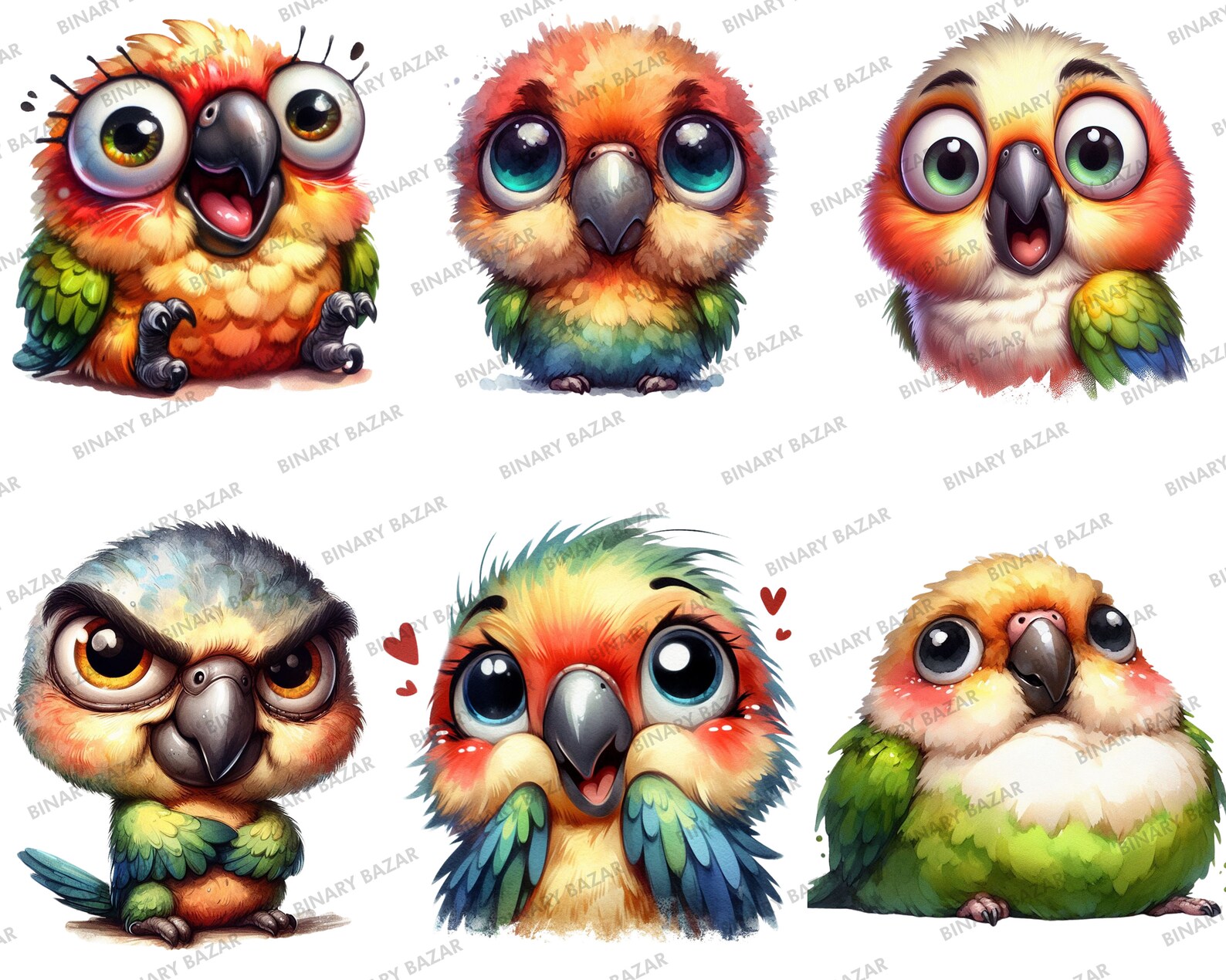 Cute and Funny Conure Clipart PNG & JPG Bundle 33 Watercolor Adorable ...