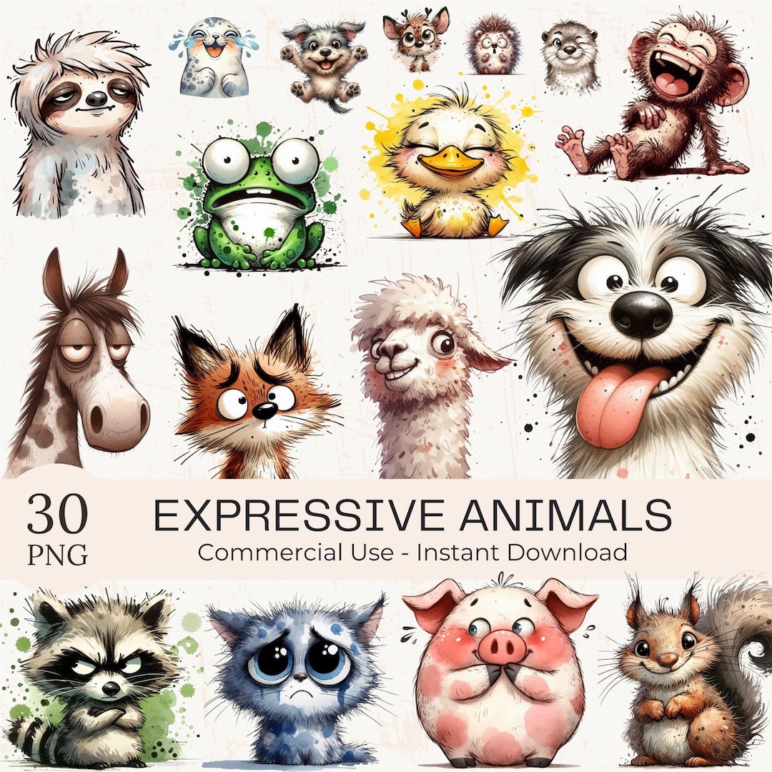 Expressive Animals Clipart: Watercolor Quirky Cartoon Animal PNG Bundle ...
