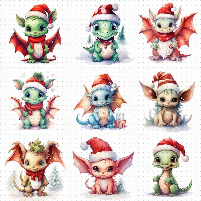 20 Cute Christmas Fantasy Baby Dragon Dinosaur Clipart PNG Watercolor ...