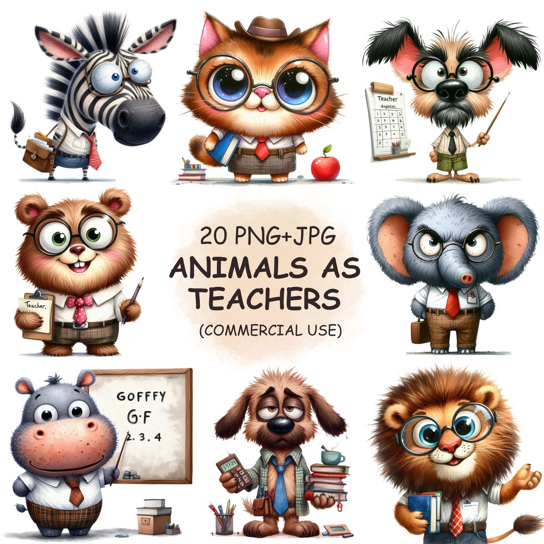 Funny Teacher Animals Clipart PNG Bundle - 20 Cute Watercolor Back to ...