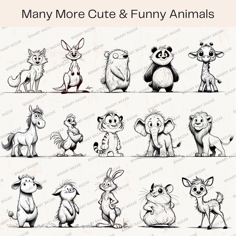 160+ Animal Doodles Clipart Bundle — Black & White Drawing Outline Line ...