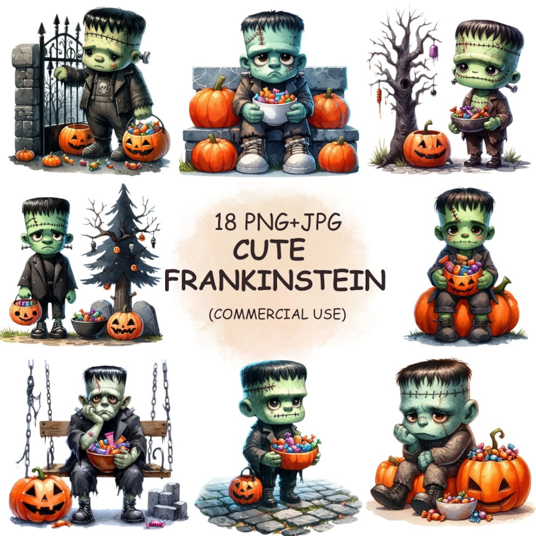 Cute Frankenstein Halloween Clipart Bundle 18 Cute Halloween Watercolor ...