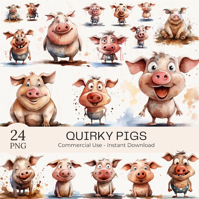 Watercolor Funny Pig Clipart Bundle: 24 PNG & JPG Farm Animal Graphics ...