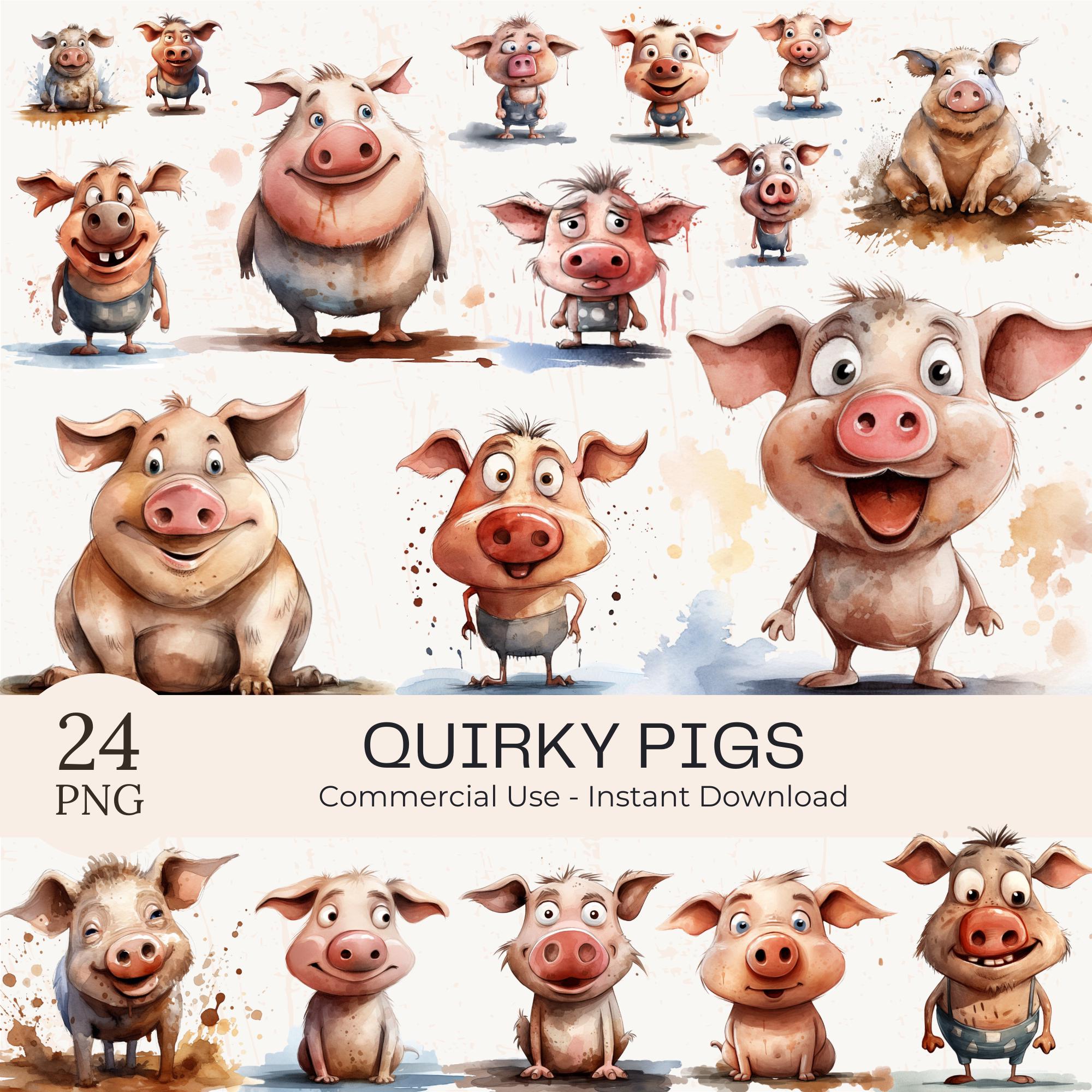Watercolor Quirky Pig Clipart Bundle: 24 Funny Farm Animal PNG & JPG ...