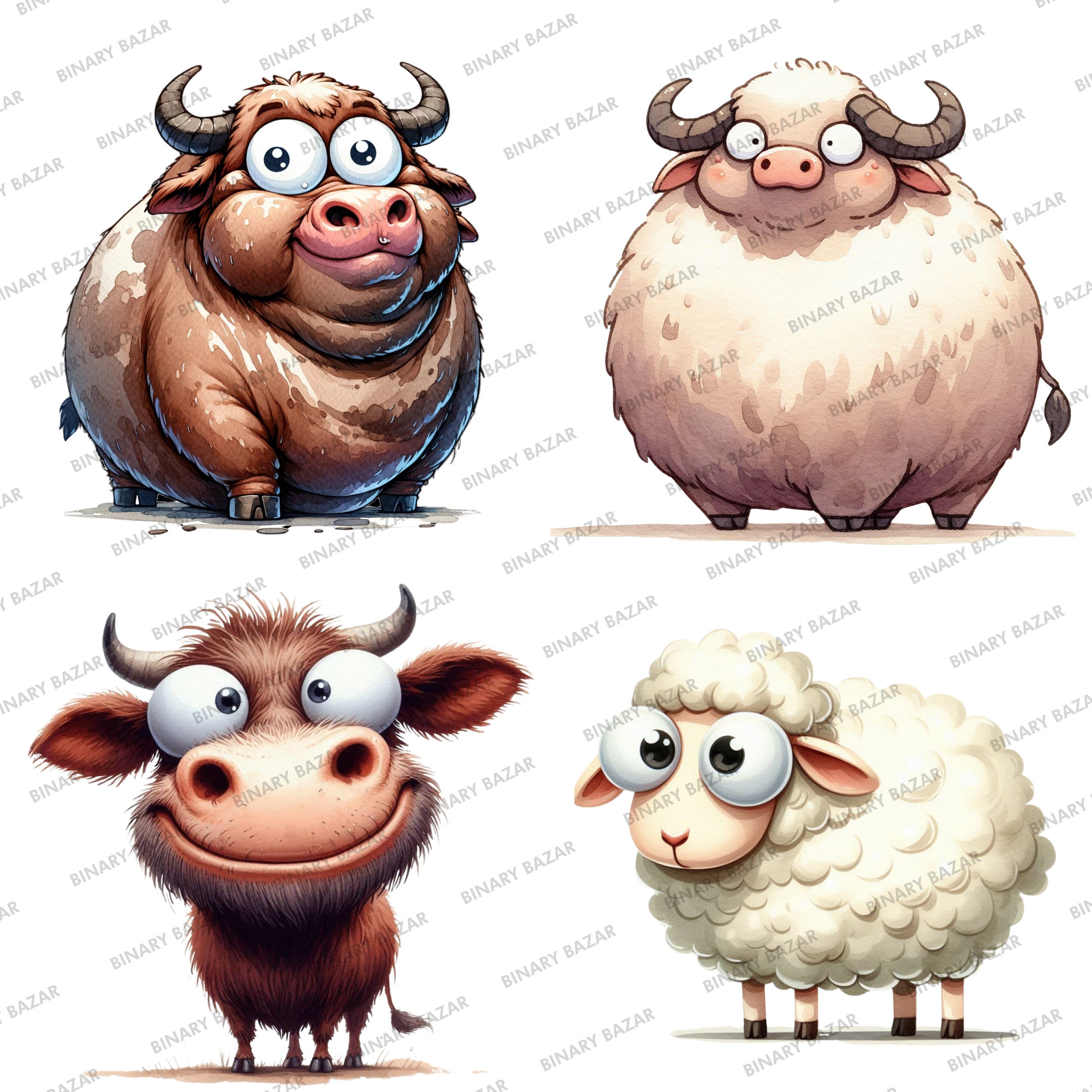 Cute and Funny Farm Animals Clipart PNG Bundle 58 Watercolor Cow, Goat ...