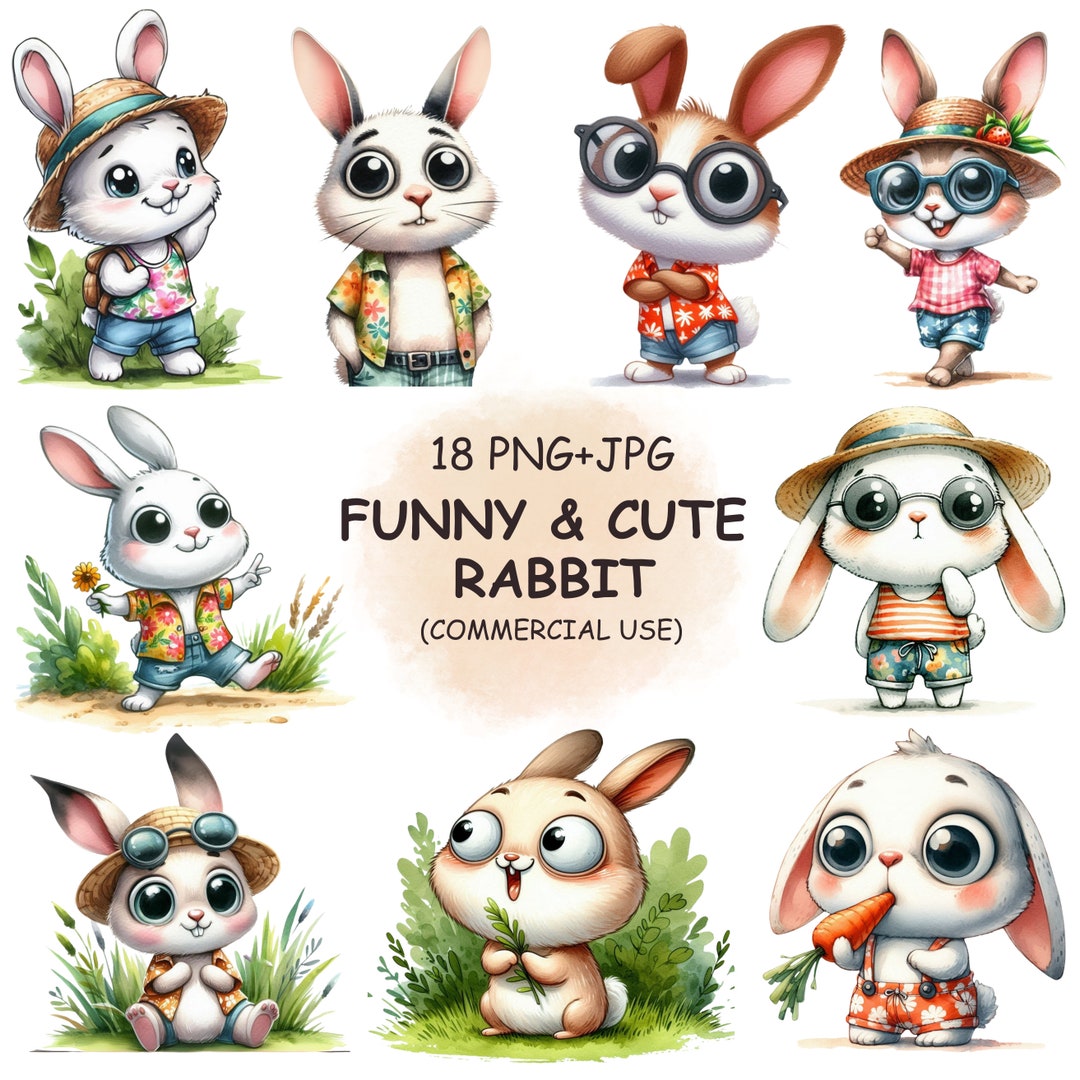 Cute and Funny Rabbit Clipart PNG Bundle - 18 Watercolor Bunny Clip Art ...