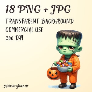 Cute Frankenstein Halloween Clipart Bundle 18 Cute Halloween Watercolor ...