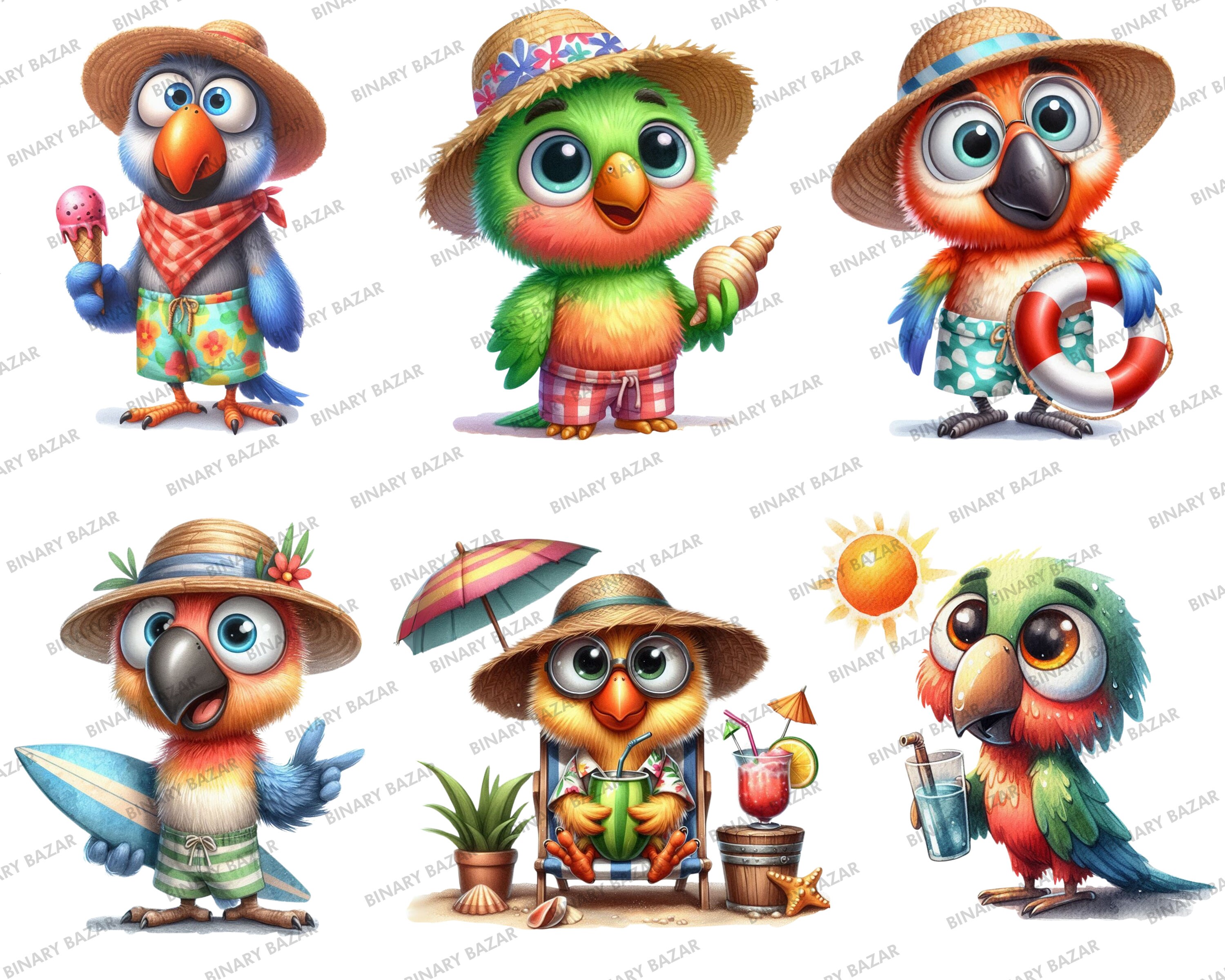 Cute and Funny Summer Season Parrots Clipart PNG & JPG Bundle 34 ...