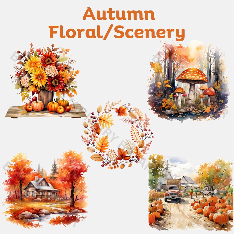 80 Fall Thanksgiving Clipart PNG Bundle Watercolor Cozy Autumn Pumpkin ...