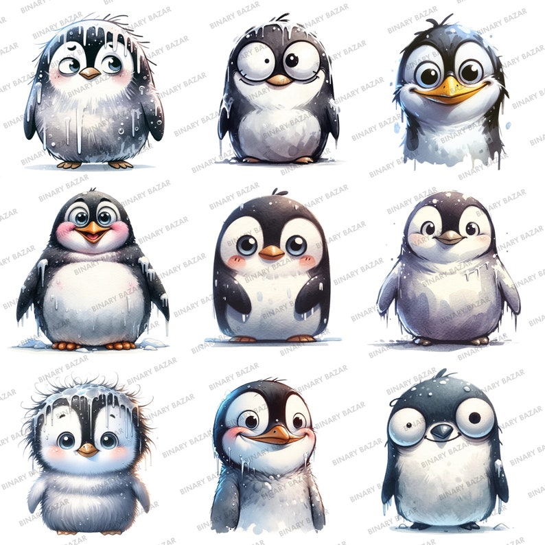 Funny and Cute Cold Winter Penguin Clipart PNG Bundle- 30 Watercolor ...