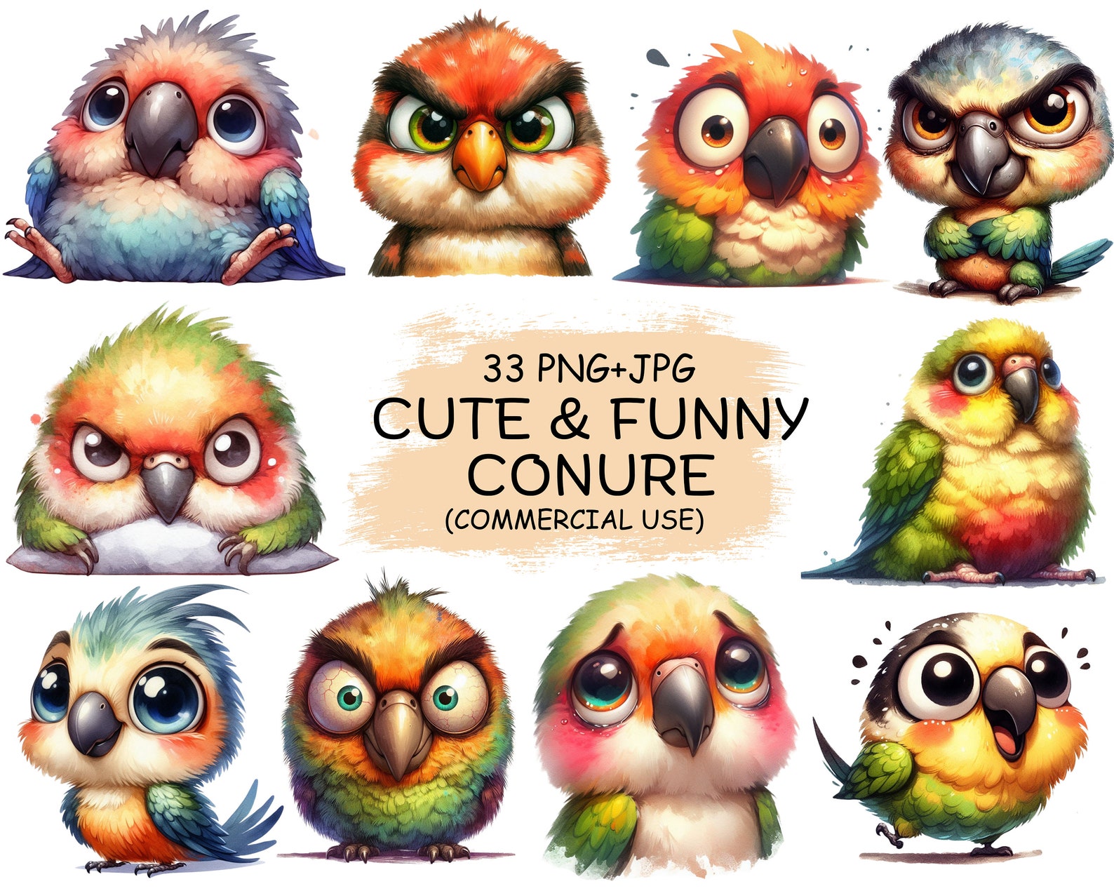 Cute and Funny Conure Clipart PNG & JPG Bundle 33 Watercolor Adorable ...