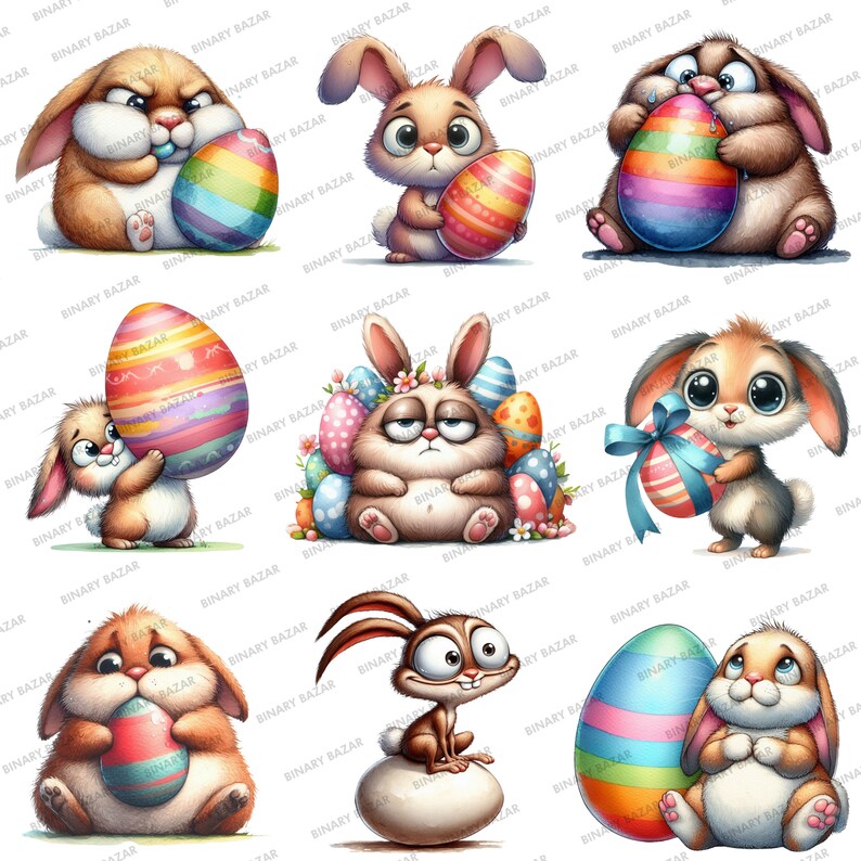 Cute & Funny Easter Bunny With Egg Clipart PNG Bundle 45 Watercolor ...
