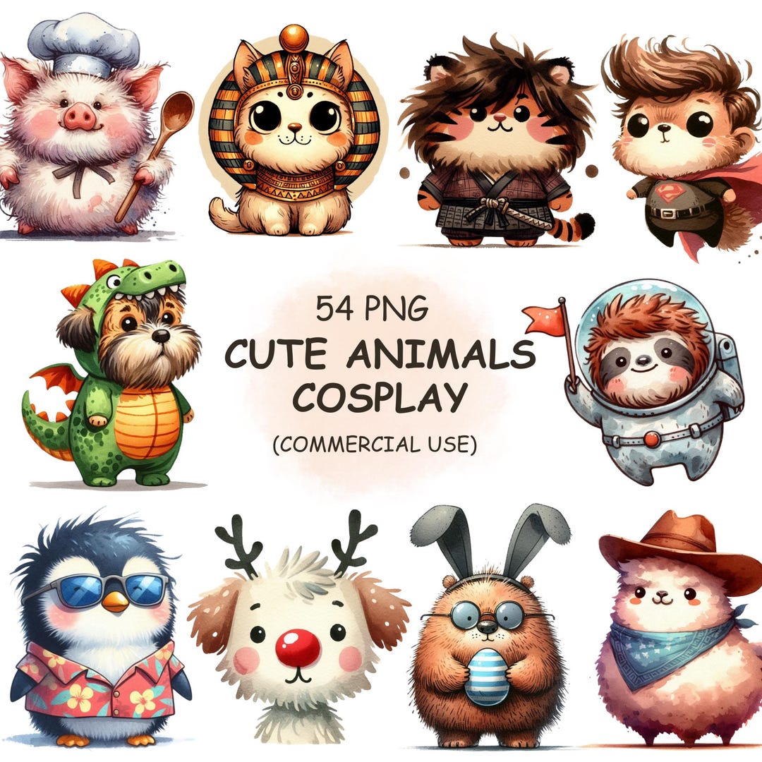 54 Cute Animals Cosplay Costume Clipart PNG Bundle - Watercolor Safari ...
