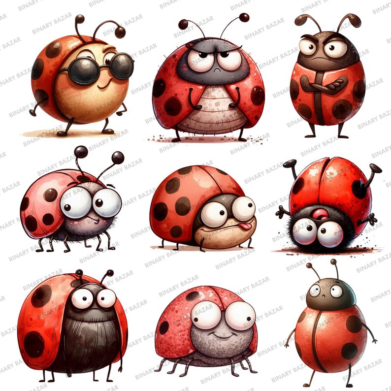 Funny Ladybug Clipart PNG Bundle: Watercolor Insect Art (digital ...