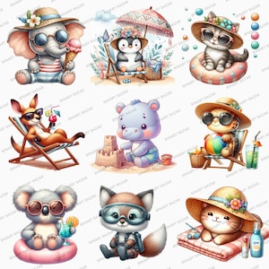 Cute Summer Animals Clipart PNG Bundle - 26 Watercolor Cute & Adorable ...